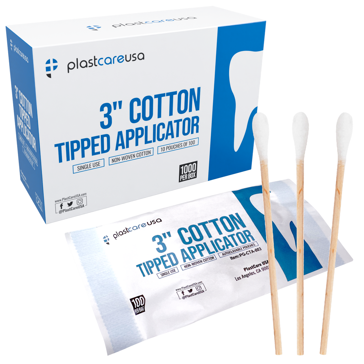 3" Cotton Tip Applicators by PlastCare USA - Box of 1000 (10 Packs of ...