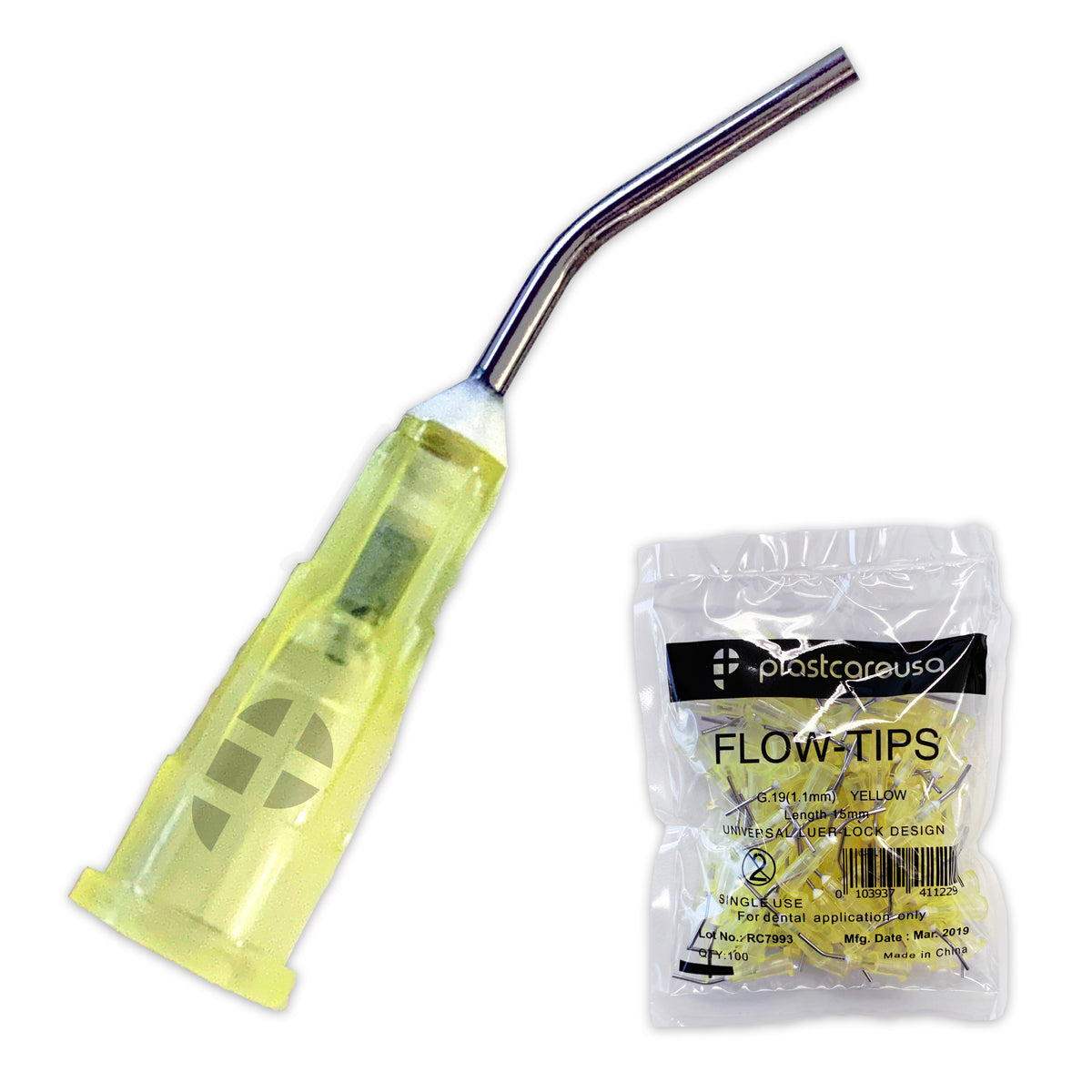 500 x Yellow Flow Pre-Bent Applicator Needle Tips, 19 Gauge (5 Bags of ...